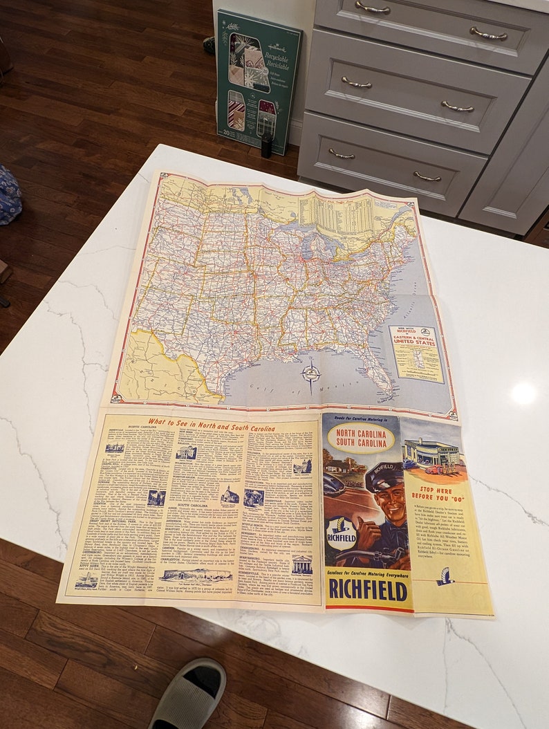 1940's Richfield Oil Company Road Map of North Carolina/south Carolina ...