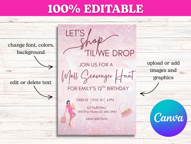 EDITABLE Mall Scavenger Hunt Birthday Invitation | Mall Birthday Party ...