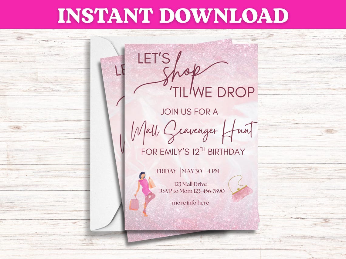 EDITABLE Mall Scavenger Hunt Birthday Invitation | Mall Birthday Party ...