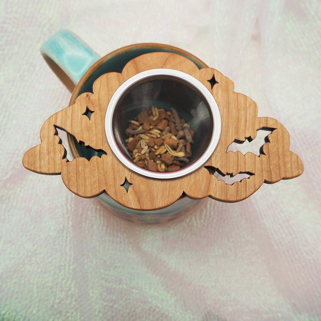 Spooky Sips Bats & Stars Tea Strainer | Cherry Wood Teacup Strainer ...
