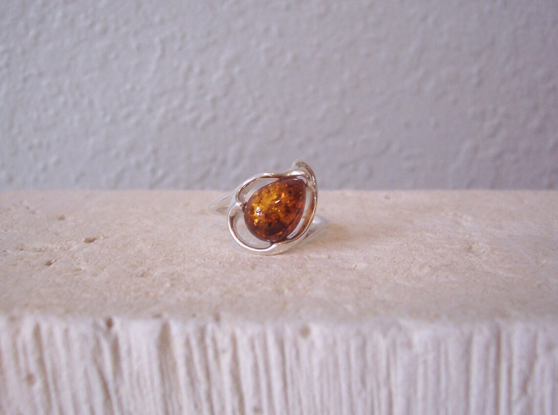 Vintage Natural Amber Pear Shape Stone Ring Set in Sterling - Etsy