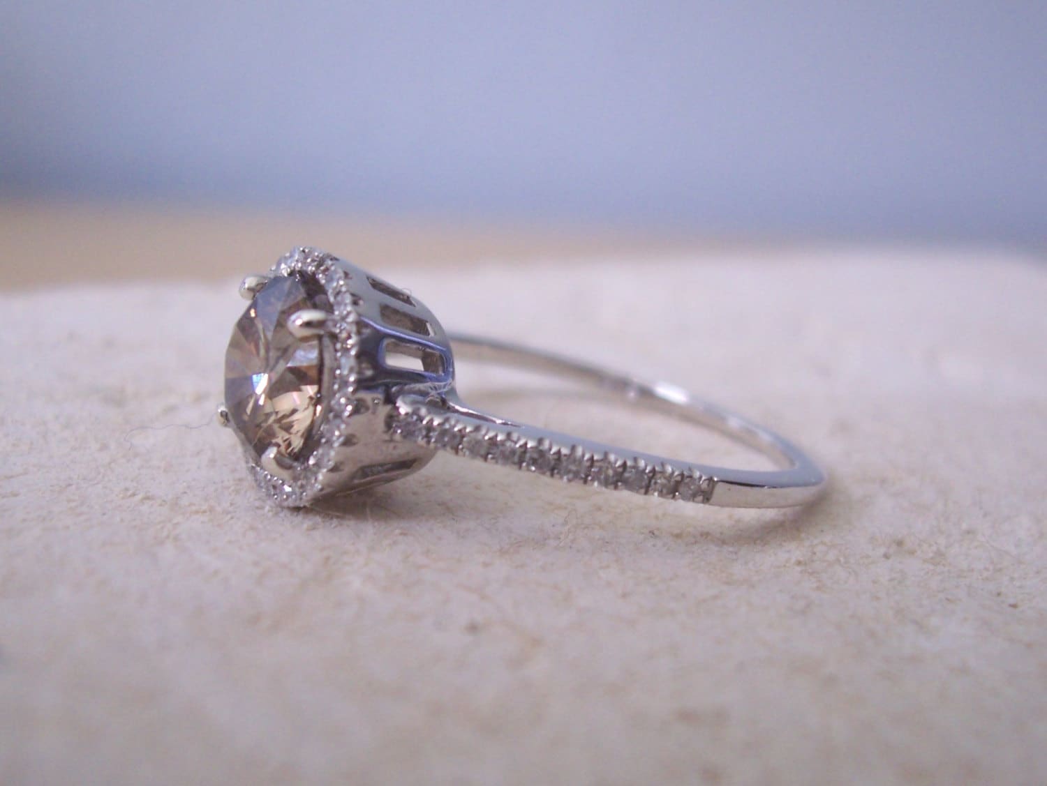 Natural Champagne Diamond Ring Set With White Diamond Halo Mount - Etsy