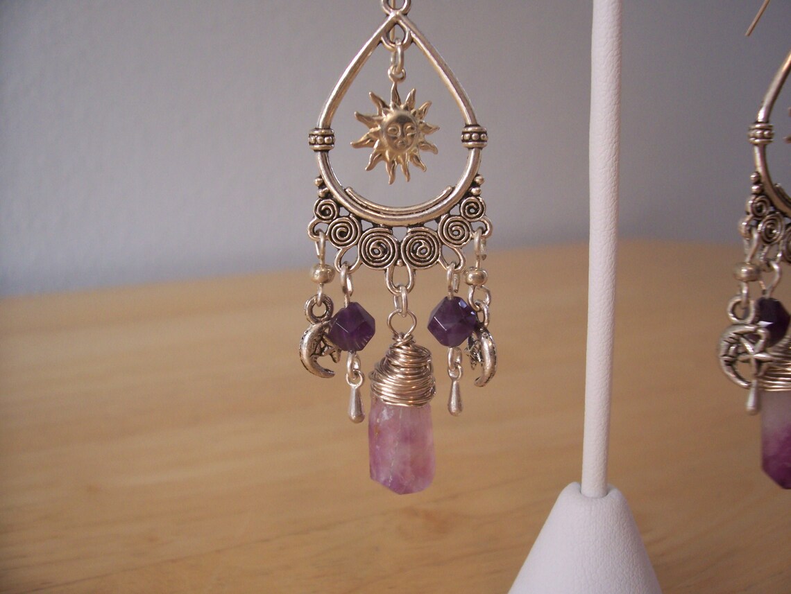 Handmade Wire Wrapped Amethyst Crystal Dangle Drop Earrings With Sun ...