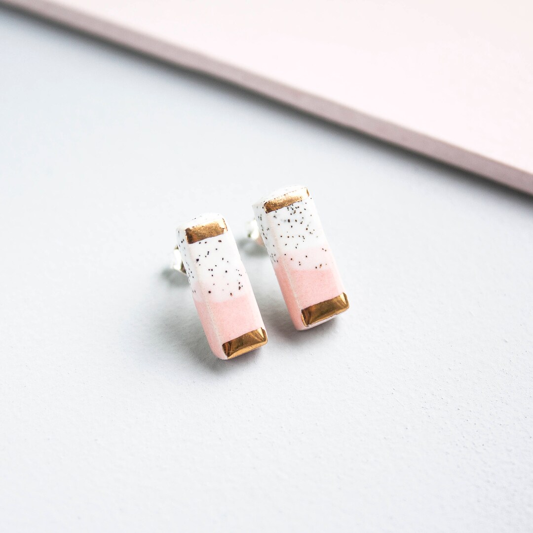 Blush Pink Ceramic Stud Earrings, Geometric Bar Stud Earrings ...