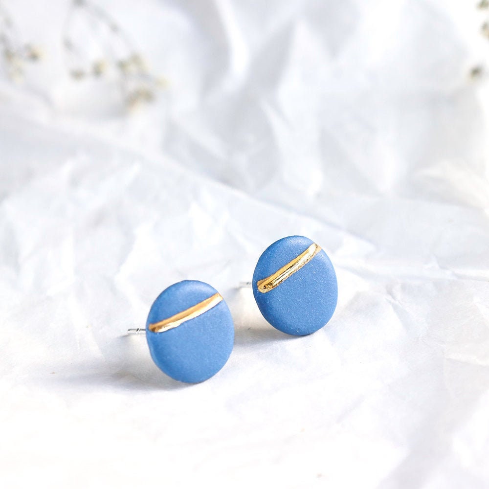 Blue Round Stud Porcelain Earrings With Golden Line, Round Earrings ...
