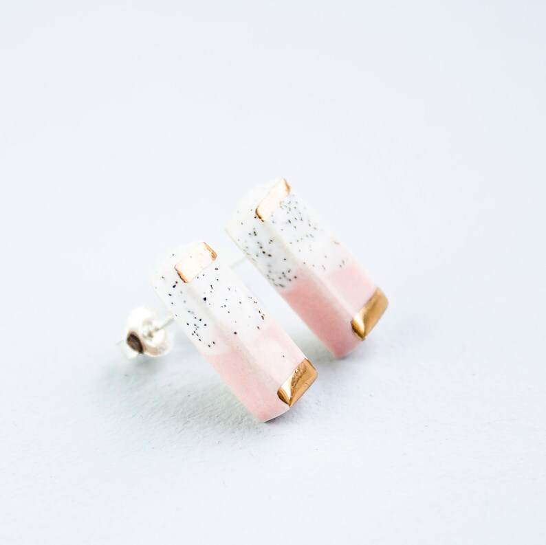 Blush pink ceramic stud earrings Geometric bar stud earrings | Etsy