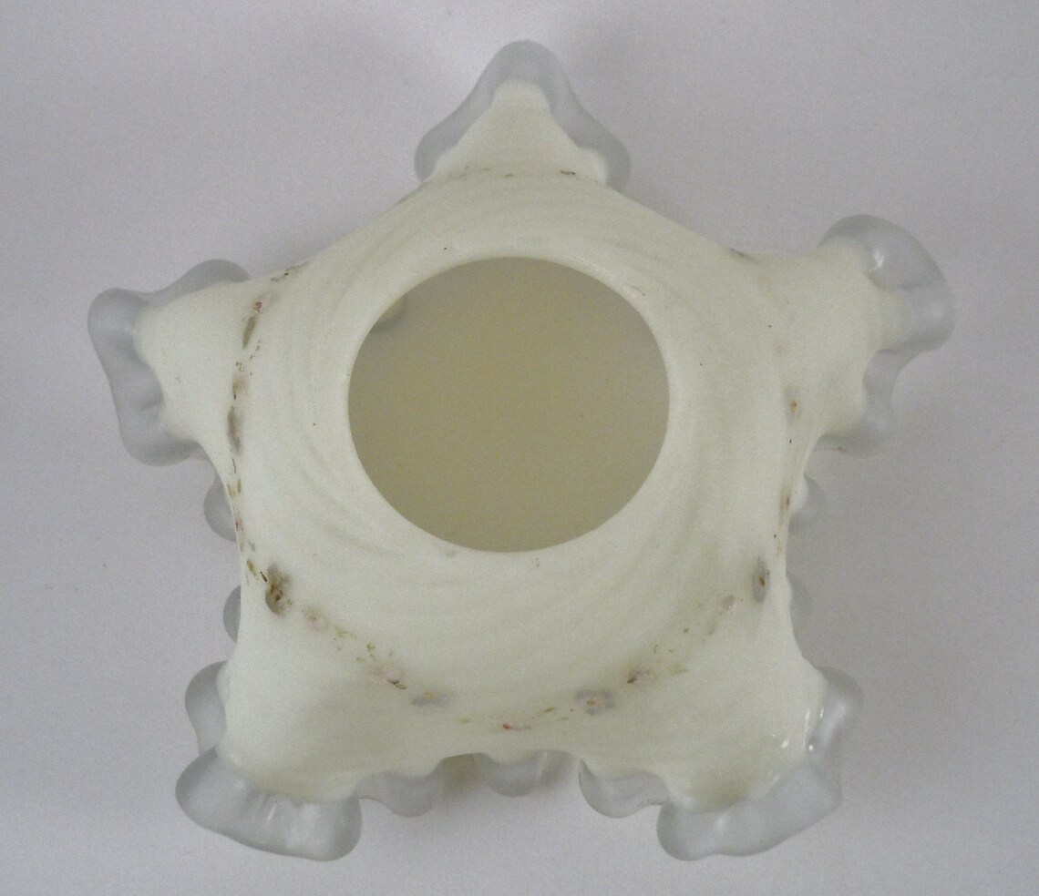 Fenton Hand Painted Satin Glass Bobeche Vintage Ruffled Crest Vaseline ...
