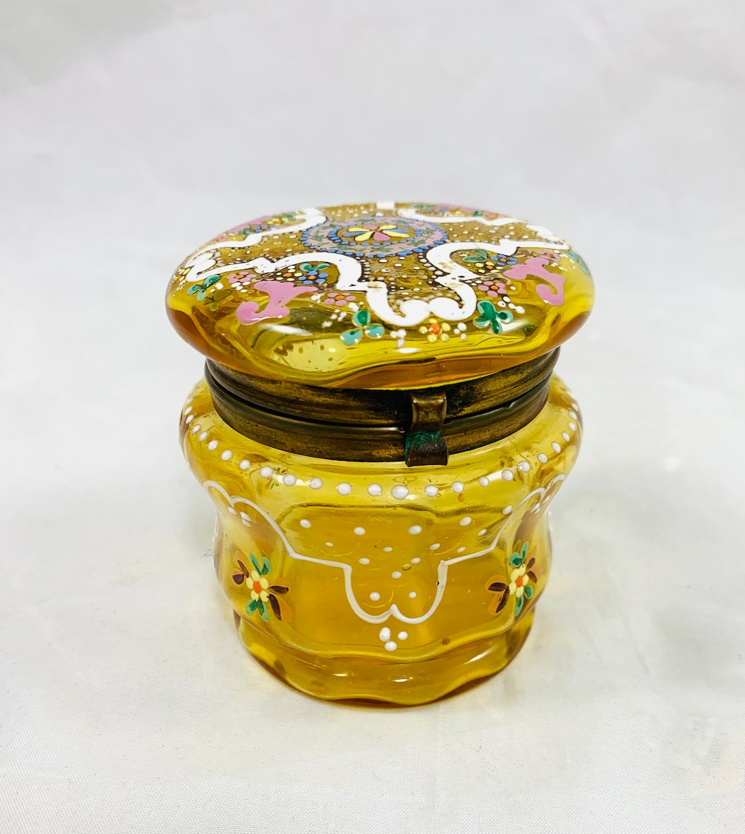 Antique Vintage Opalene Yellow Amber Moser Glass Hand Painted Trinket ...