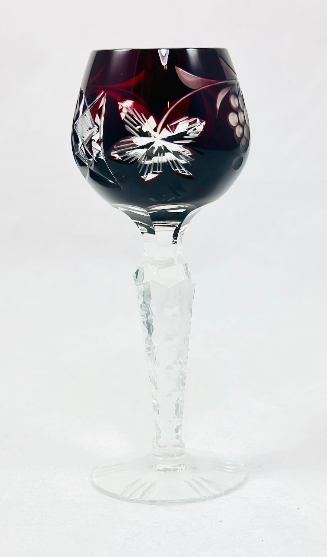 Bohemian Dark Red Cut to Clear Crystal Grape & Flowers Pattern Cordial ...