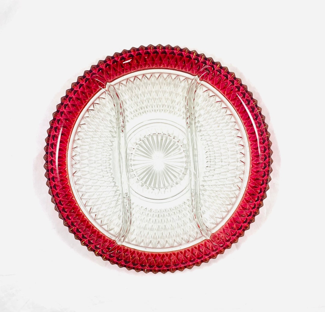 Vintage Diamond Point 3 Part 12” Relish Tray/plate-ruby Band-indiana ...