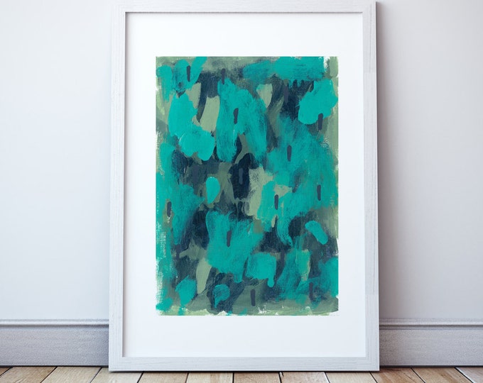 Original Abstract Paper Painting, Muted, Aqua, Teal, Black, Green, Mid ...