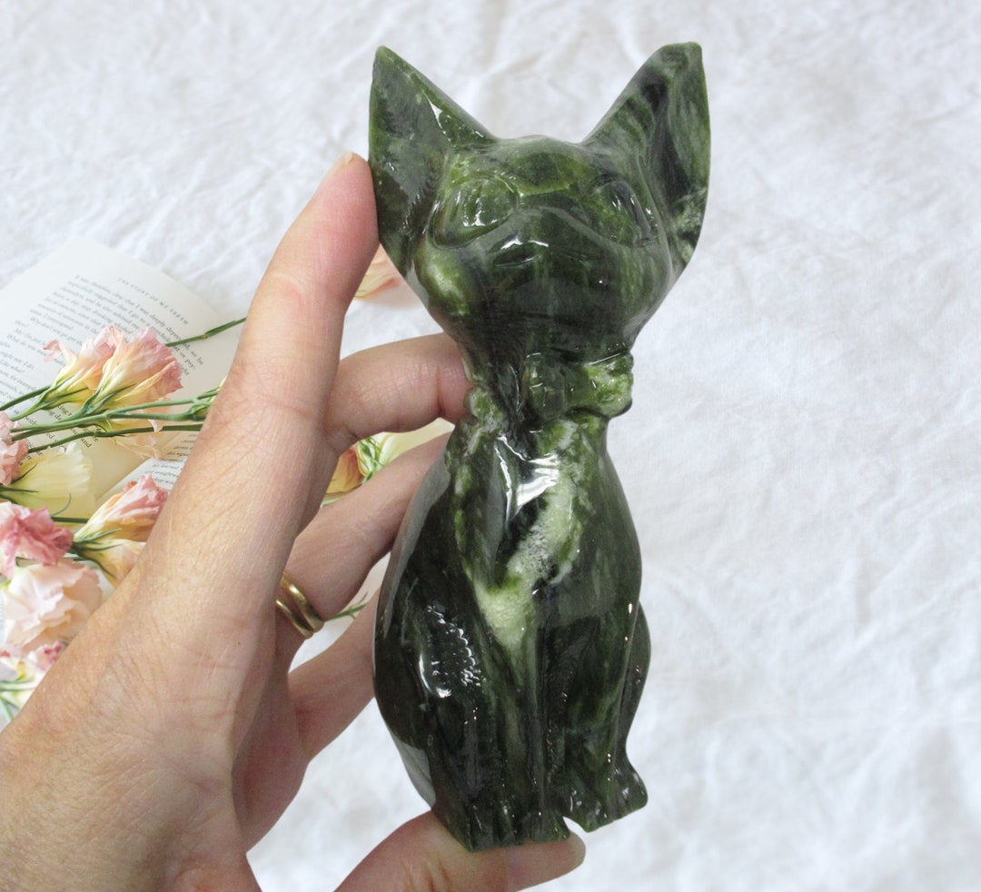 4.75" Green Jade Cat Kitty Feline Crystal Carving Healing Stone ...