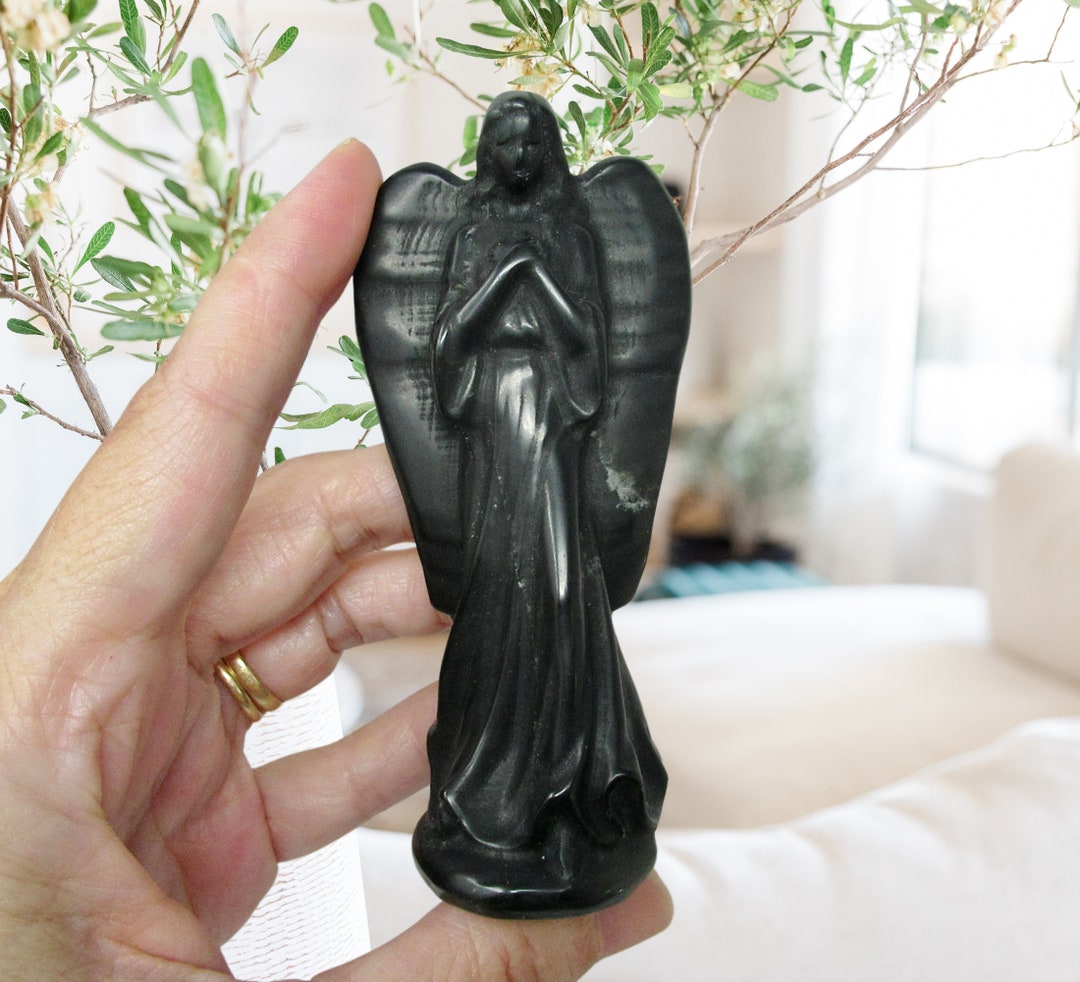 Black Obsidian Angel Carving, Handcrafted Gemstone Guardian Figurine ...