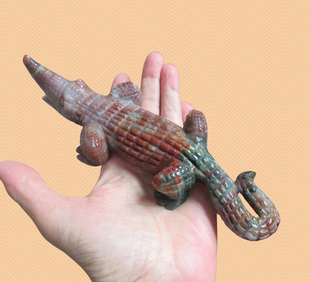 7" Natural Indian Agate Crystal Alligator Crocodile Animal Carving ...