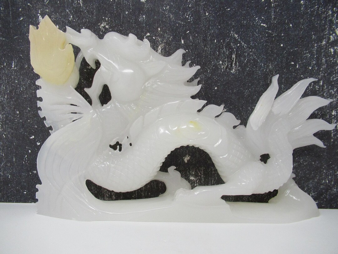 10.5" Large White Jade Crystal Dragon Carving Home Decor Jade Stone ...