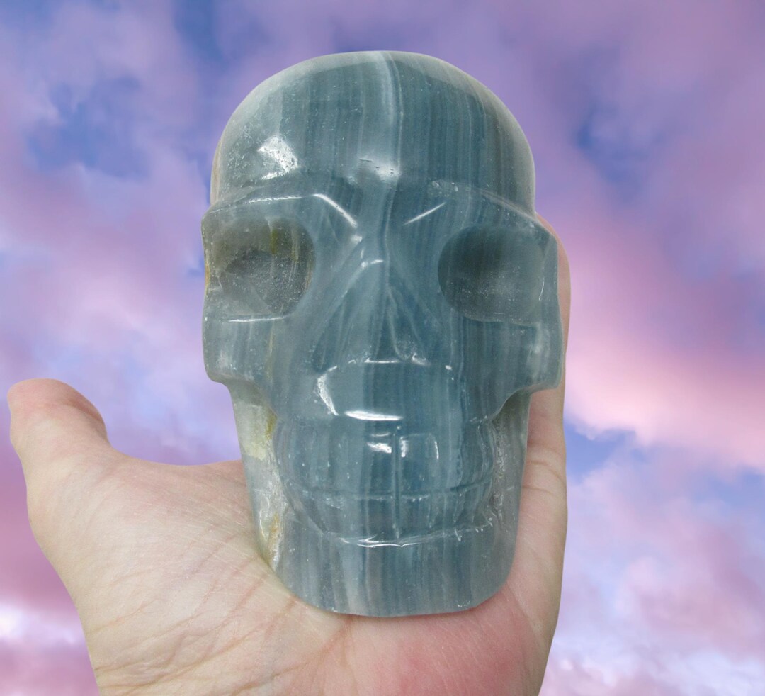 4 Blue Onyx Blue Lemurian Aquatine Calcite Crystal Skull, Blue Gemstone ...
