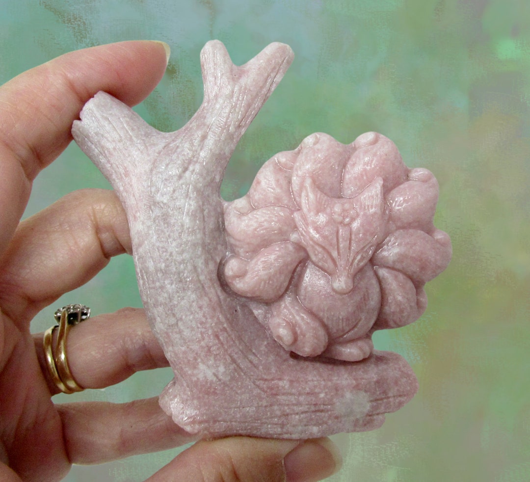 3.25 Pink Steatite Talc Crystal 9 Tailed Fox Animal Carving, Fox Spirit ...
