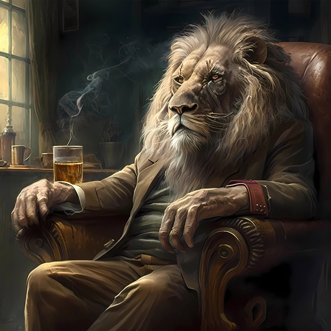 Old Wise Lion Sitting in a Club Chair, Thinking About Life,, Enjoying a ...