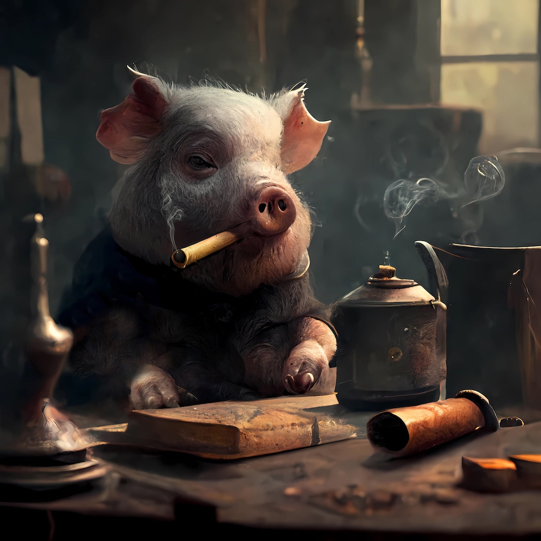 Pig With a Personality, Smoking a Cigar, Looking Wise - Square Format ...