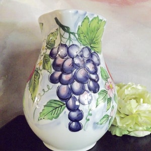Vintage Hand Painted Pitcher Colorful Fruit Cherries Grapes Peach Made ...