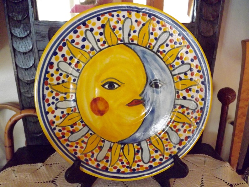 Vintage Pottery Plate With Sun and Moon Bright and - Etsy
