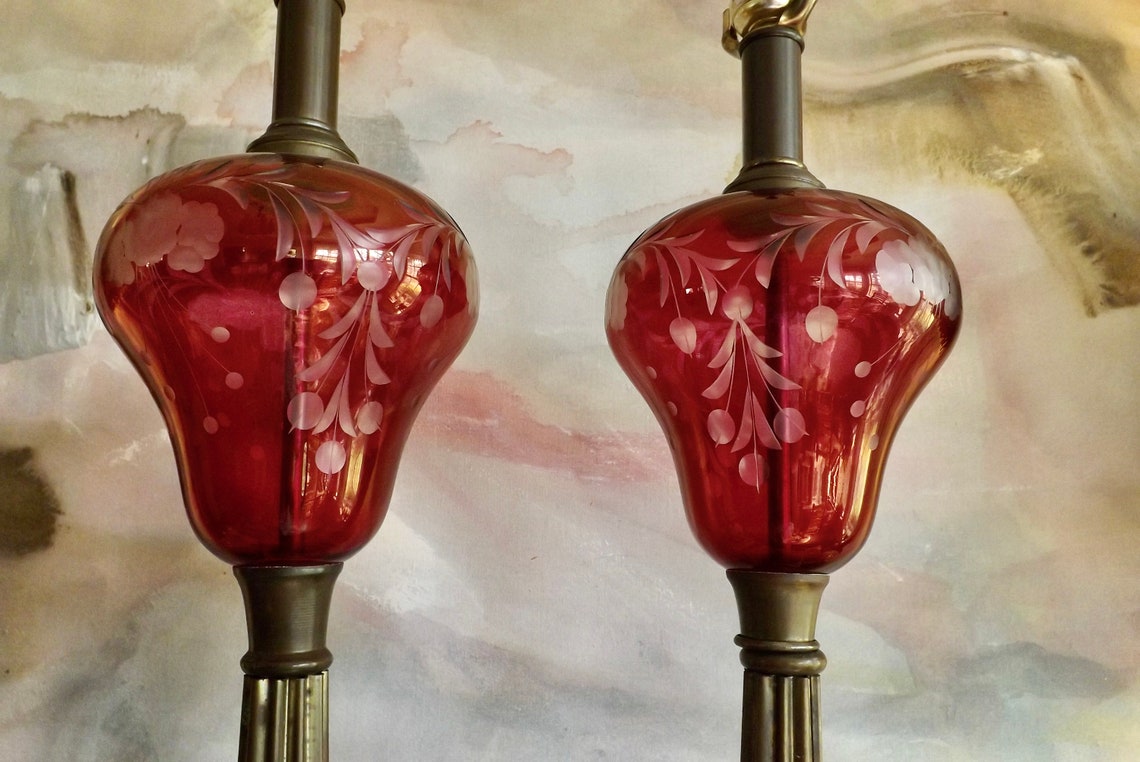 Vintage Matching Tall Etched Cranberry Glass Table Lamps Set - Etsy