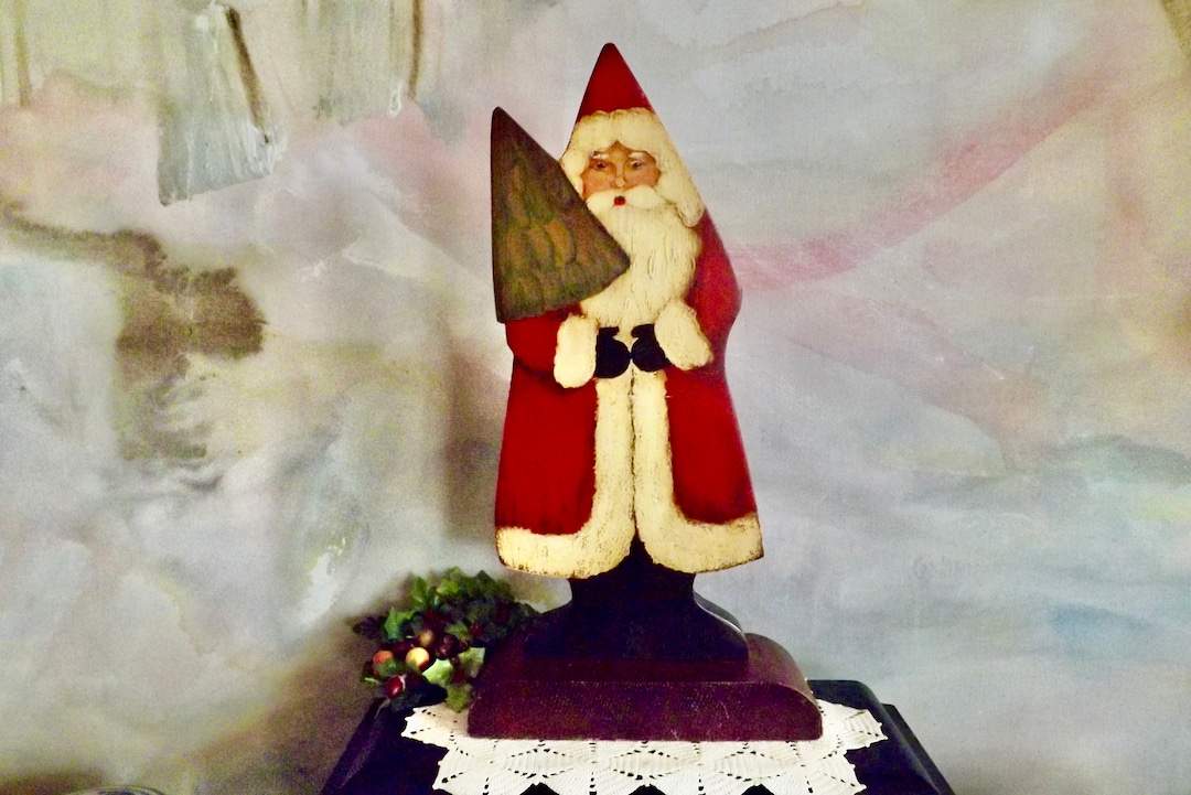 Vintage Folk Art Santa Hand Painted on Wood Holding A Tree 16"_old ...