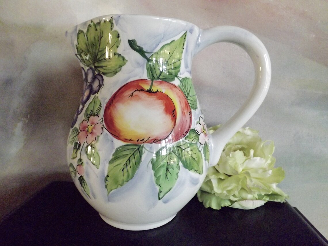 Vintage Hand Painted Pitcher Colorful Fruit Cherries Grapes | Etsy