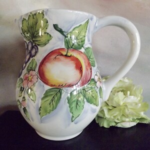Vintage Hand Painted Pitcher Colorful Fruit Cherries Grapes Peach Made ...