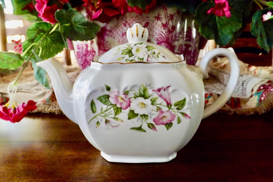 Sweet English Teapot With Pink and White Morning Glory Flowers Gold ...