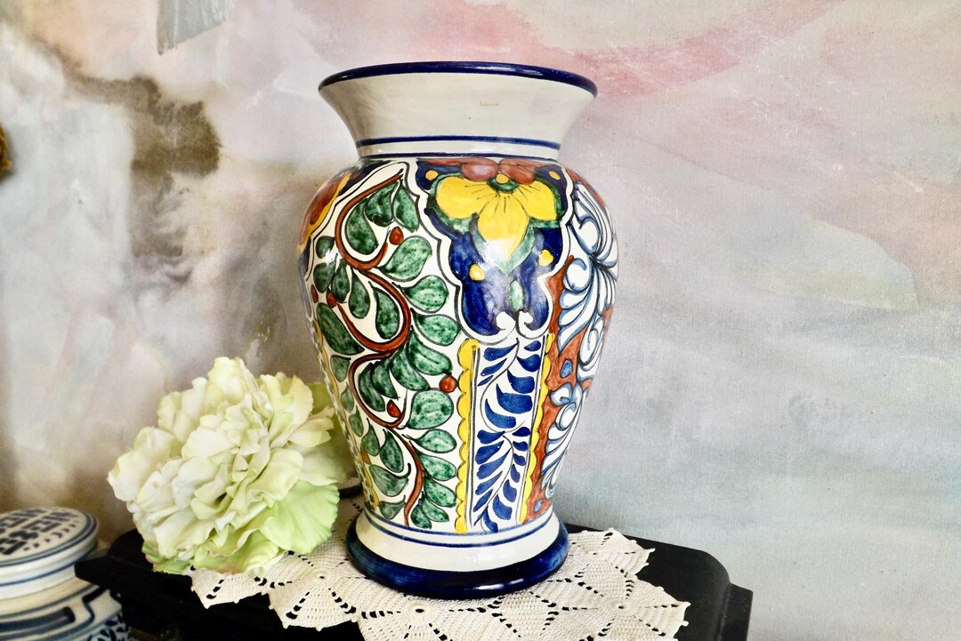 Large Mexican TALAVERA Pottery Vase Colorful Design 10" Southwest Decor ...