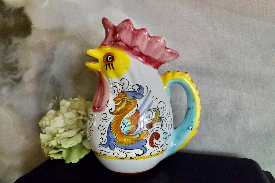 Italian Rooster Pitcher 8.5 Colorful Deruta Raffaellesco Design Tuscany ...
