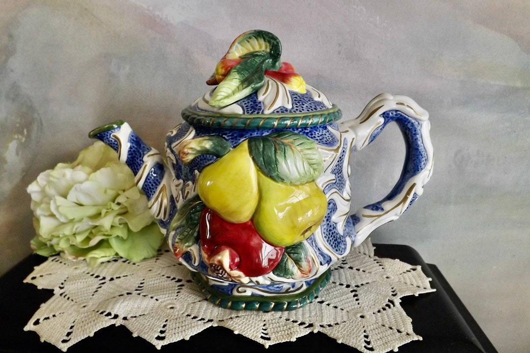 Fitz and Floyd Teapot Florentine Fruit Pattern With Blue - Etsy