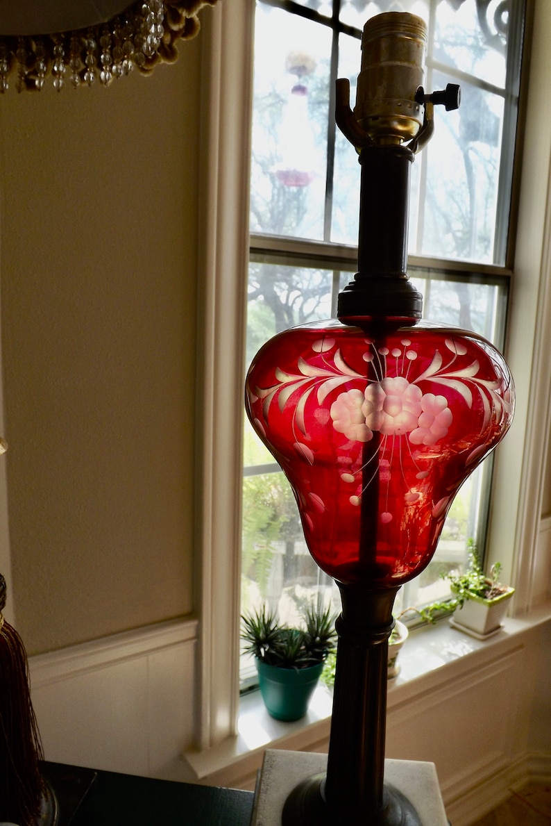Vintage Matching Tall Etched Cranberry Glass Table Lamps Set - Etsy
