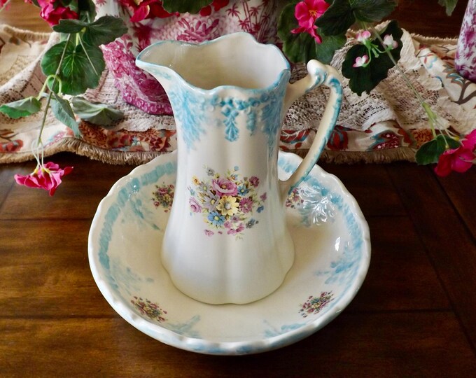 Sweet Pitcher and Matching Bowl Set Teal Blue Design With Colorful ...