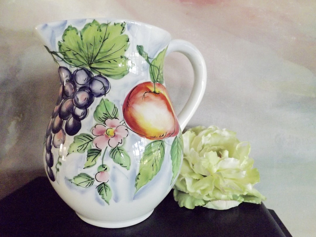 Vintage Hand Painted Pitcher Colorful Fruit Cherries Grapes Peach Made ...