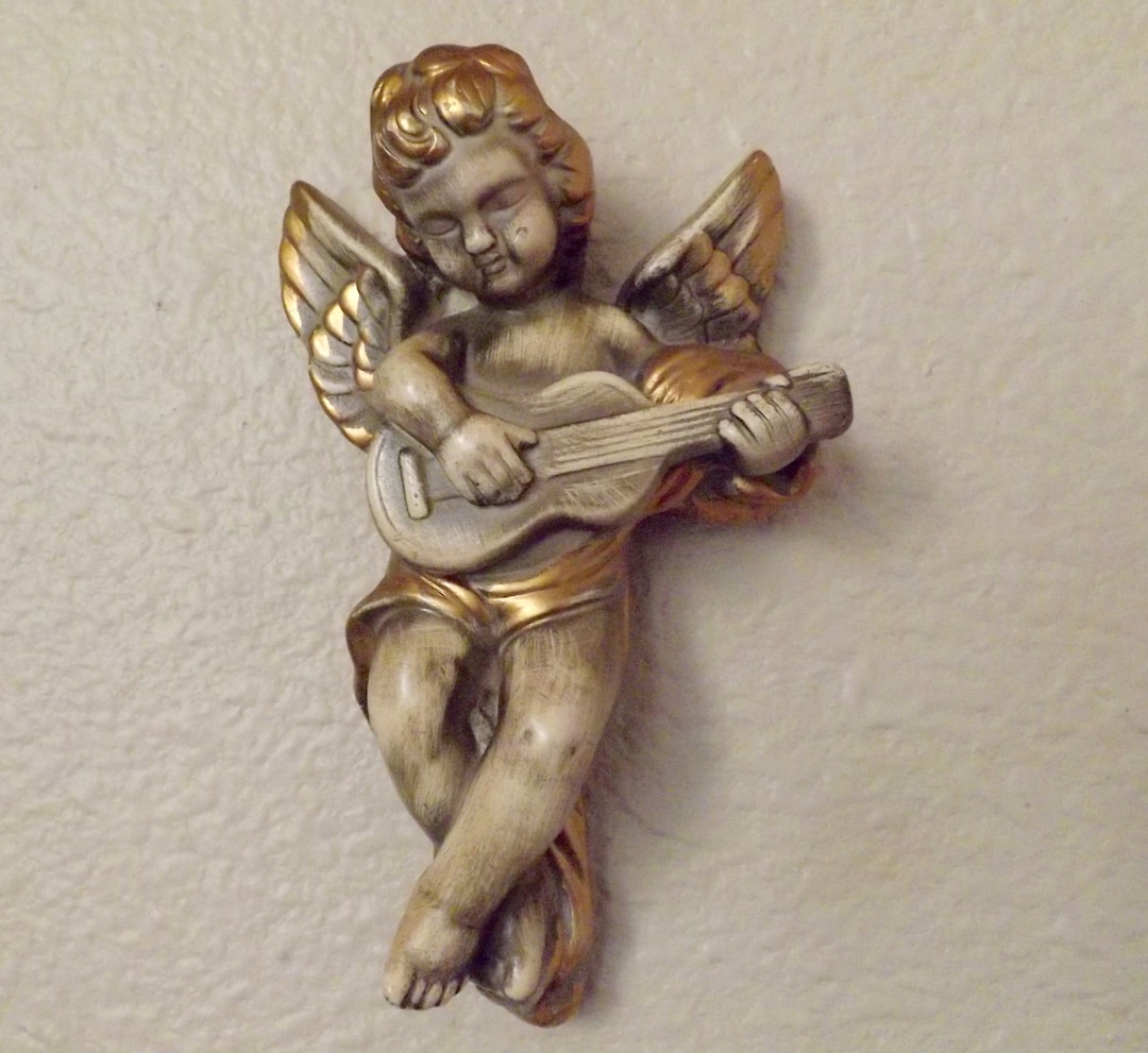 GOLD CHALKWARE CHERUB Angel With Wings Holding Guitar or Stringed ...