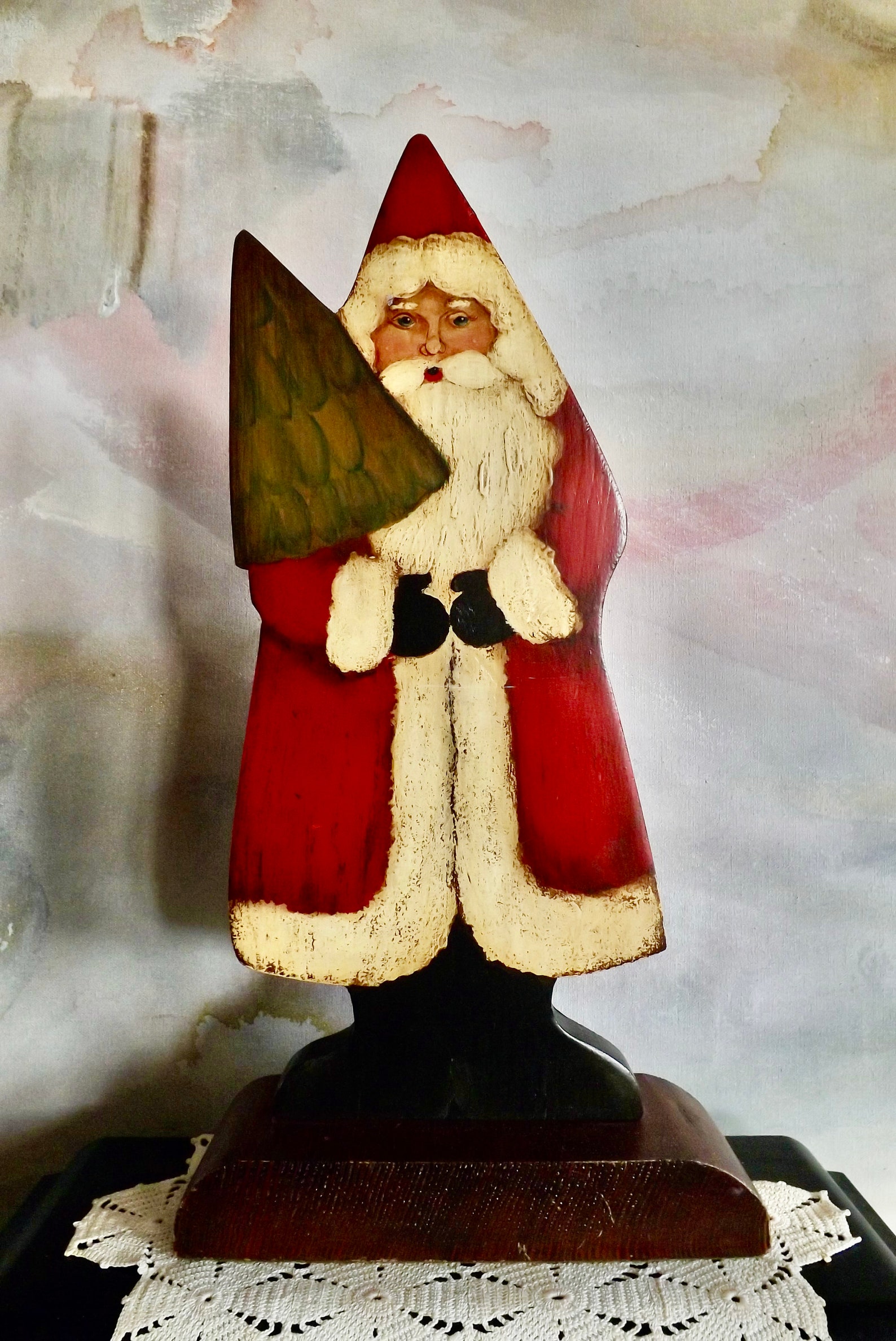 Vintage Folk Art Santa Hand Painted on Wood Holding A Tree - Etsy
