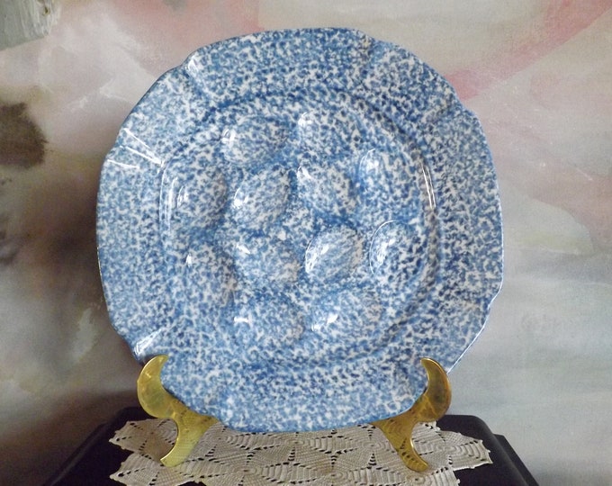 Blue Ceramic Spongeware Deviled Egg Plate Made in USA by NS Gustin Co ...