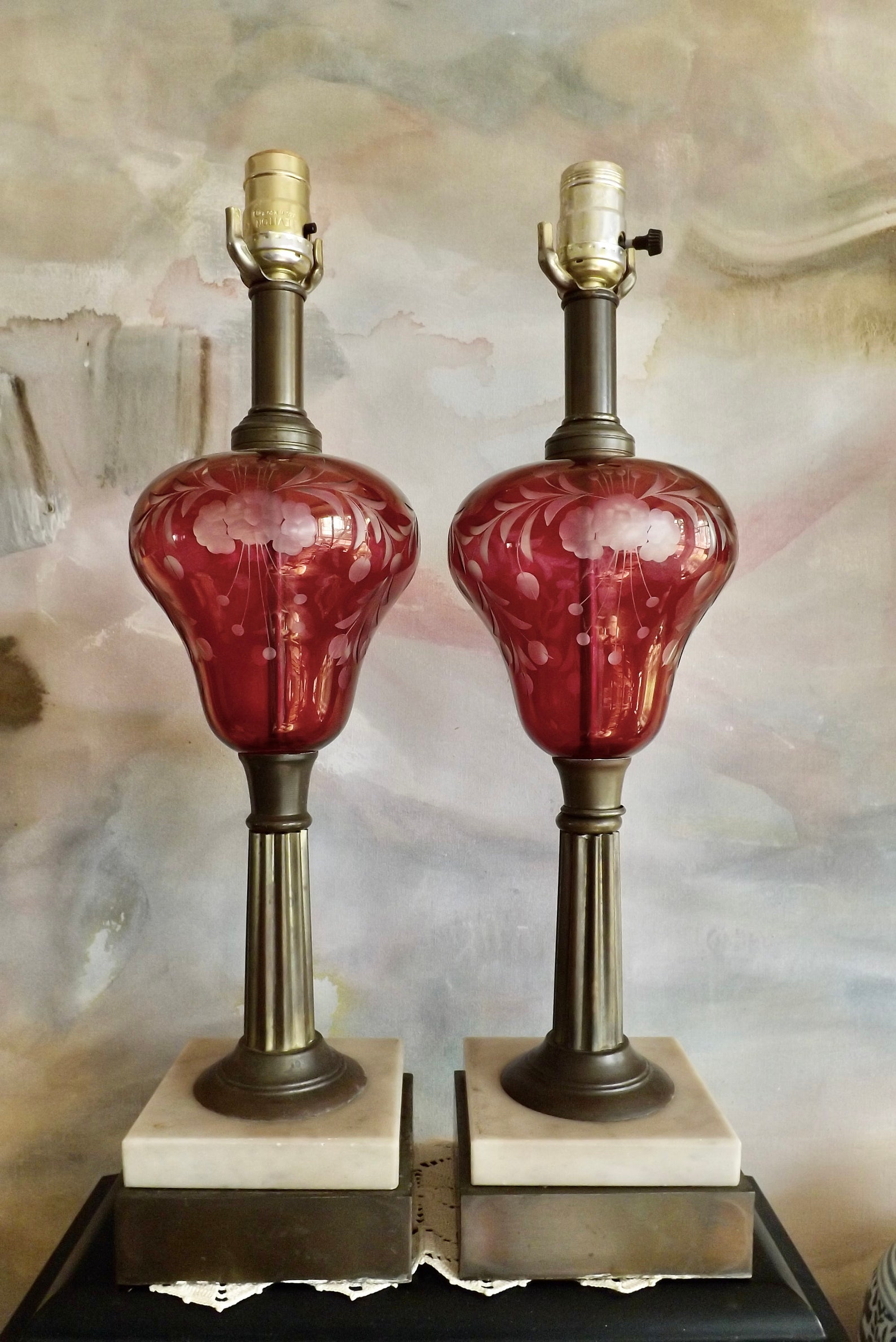 Vintage Matching Tall Etched Cranberry Glass Table Lamps Set - Etsy