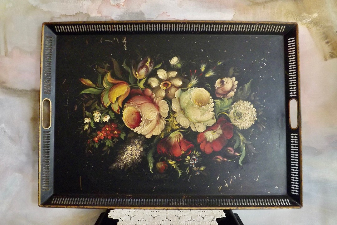 Large Handled Tole Tray Black With Various Hand Painted Colorful ...
