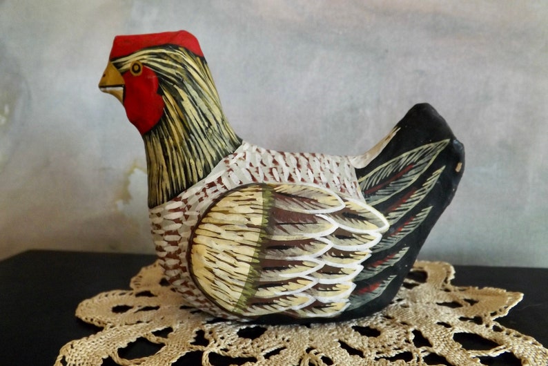 Vintage Paper Mache Chicken Hand Painted Colorful in - Etsy