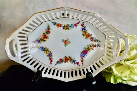 Vintage Reticulated Oval Porcelain Trinket Dish Decorated With - Etsy