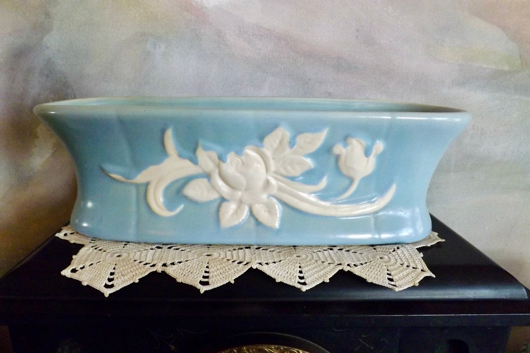 Blue White Rose Cameo Design Weller Art Pottery Planter Console Bowl ...