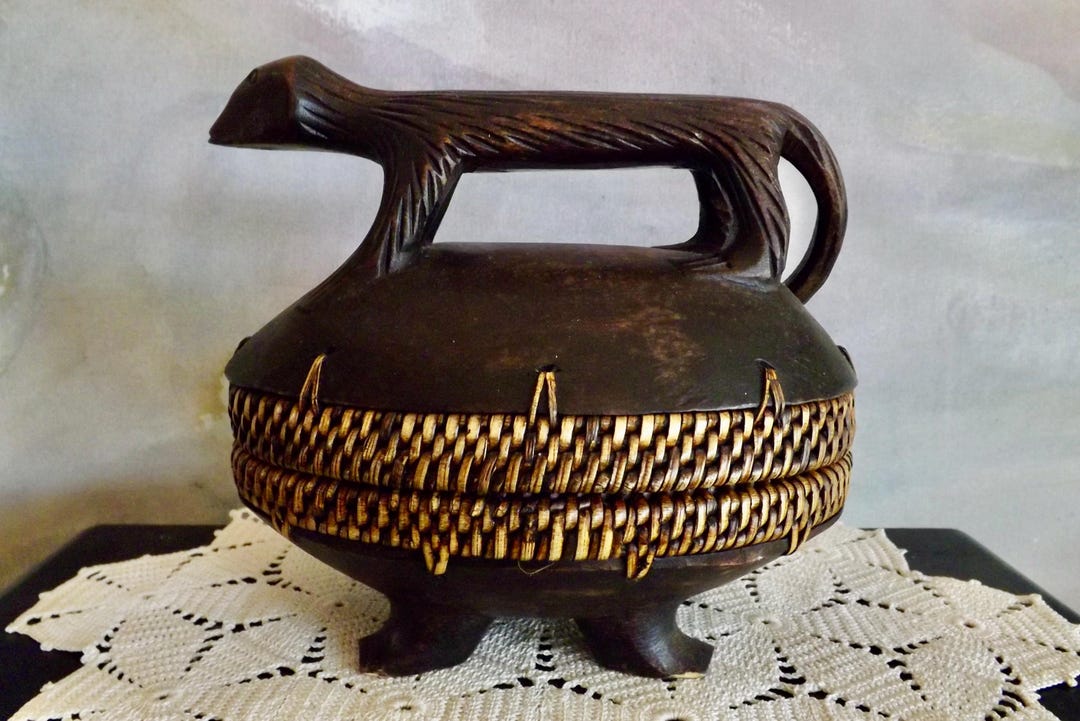 MONKEY TRINKET BOX Carved Wood With Rattan Woven Grass Accents 6.5" - Etsy