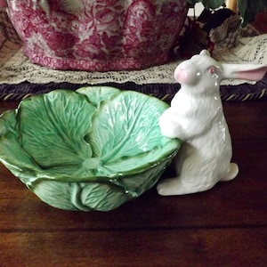 Majolica Cabbage Bowl With White Standing Bunny Rabbit Candy Dish ...