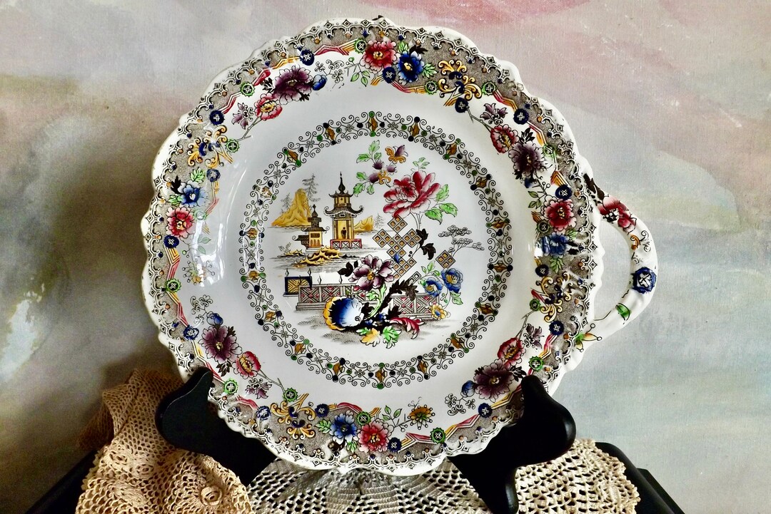 Vintage French Transferware Shallow Bowl Late 1800s Asian Pagoda and ...