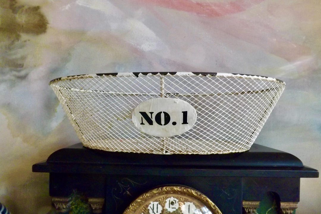 Vintage Industrial Distressed White Wash Wire Mesh Basket Oval 14 ...