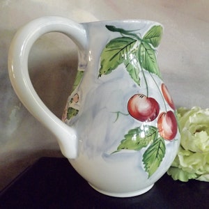 Vintage Hand Painted Pitcher Colorful Fruit Cherries Grapes Peach Made ...