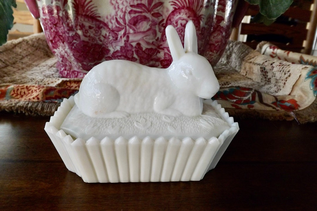 Bunny on Nest Butter Dish Old Milk Glass 1800s Rabbit Trinket Box ...